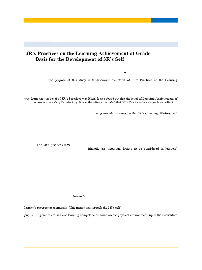 3R's Practices On The Learning Achievement of Grade-Schoolers: Basis ...