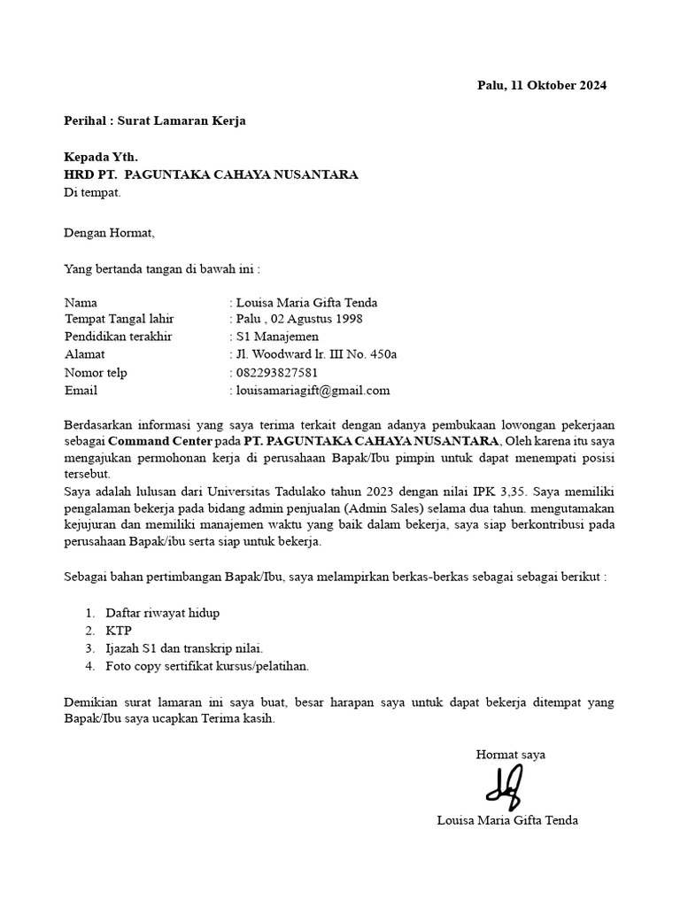 Surat Lamaran PT. Paguntaka Cahaya Nusantara | PDF