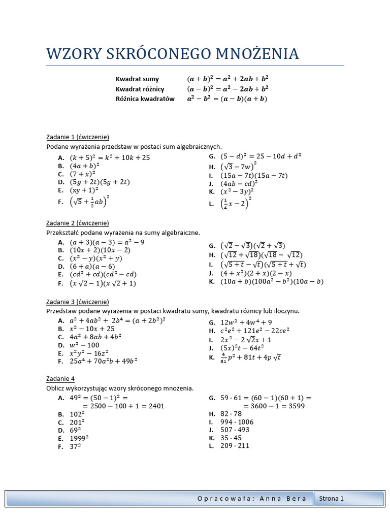 MADMAX Wzory Skróconego Mnożenia ZAD+ODP | PDF