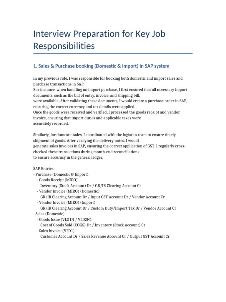 Complete Interview Job Responsibilities Preparation | PDF | Expense ...