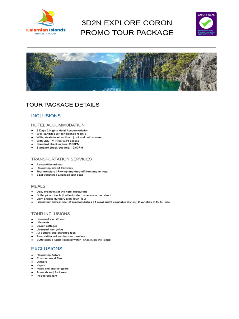 3D2N Explore Coron Promo Tour Package | PDF