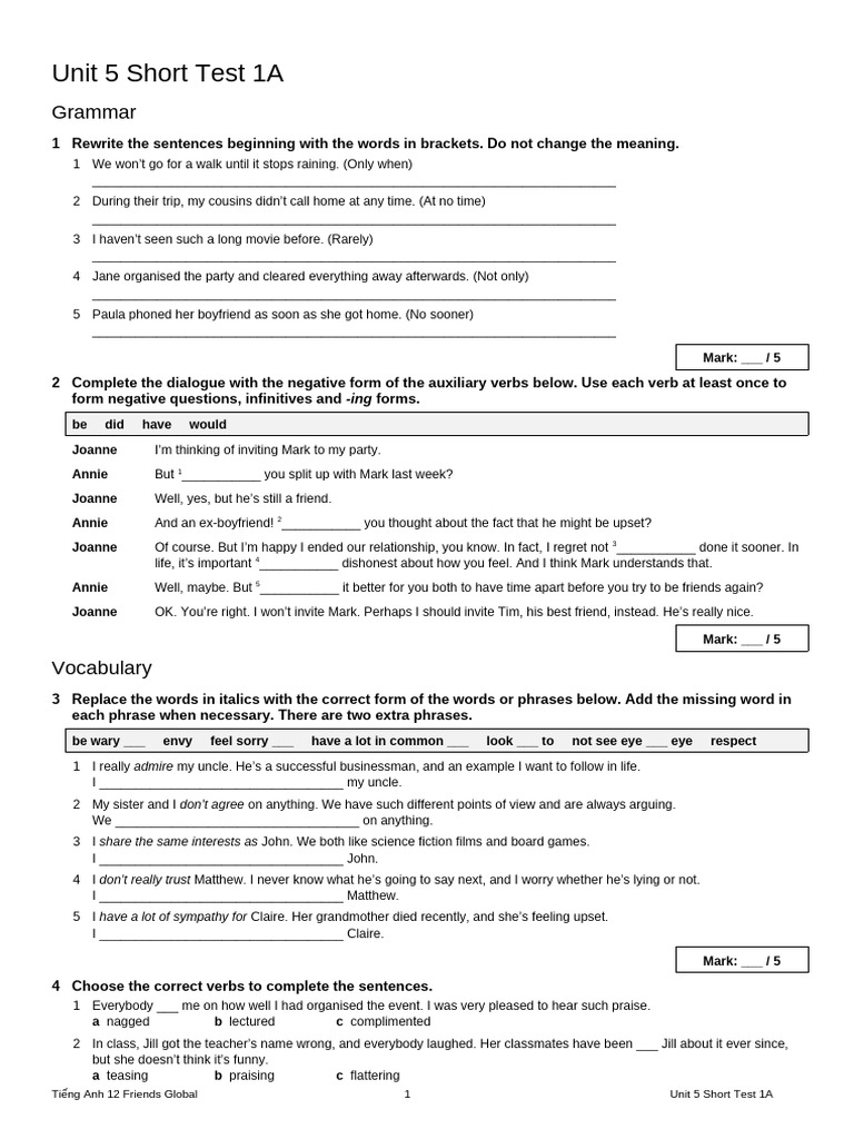 Tiếng Anh 12 Friends Global - Unit 1 - short - test - 1a | PDF