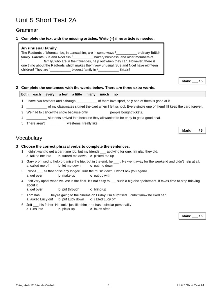 Tiếng Anh 12 Friends Global - Unit 1 - short - test - 2a | PDF