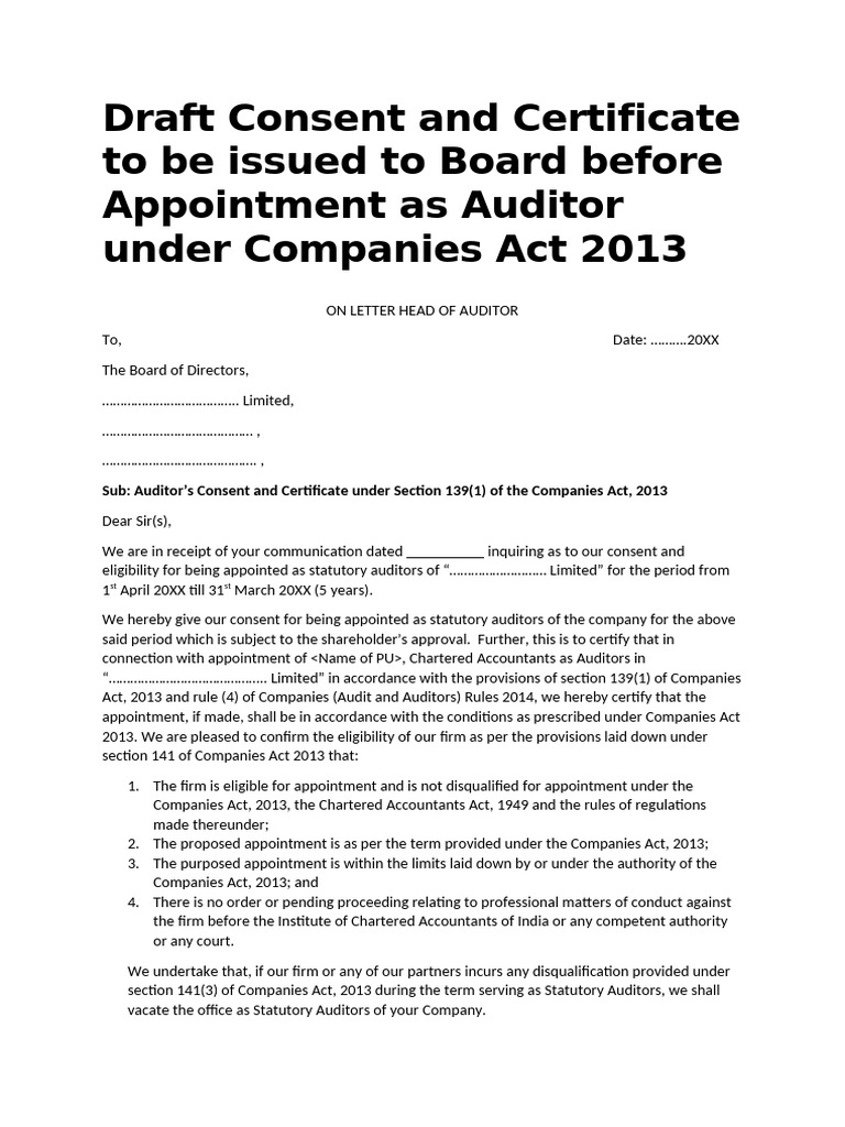 Draft Consent and Certificate To Be Issued To Board Before Appointment ...