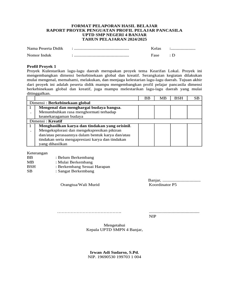 Format Rapor P5 Lagu Tradisional | PDF