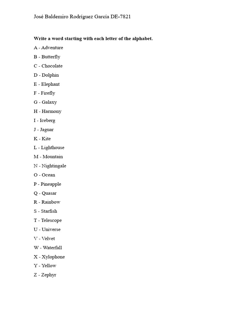 Write A Word Starting With Each Letter of The Alphabet. | PDF