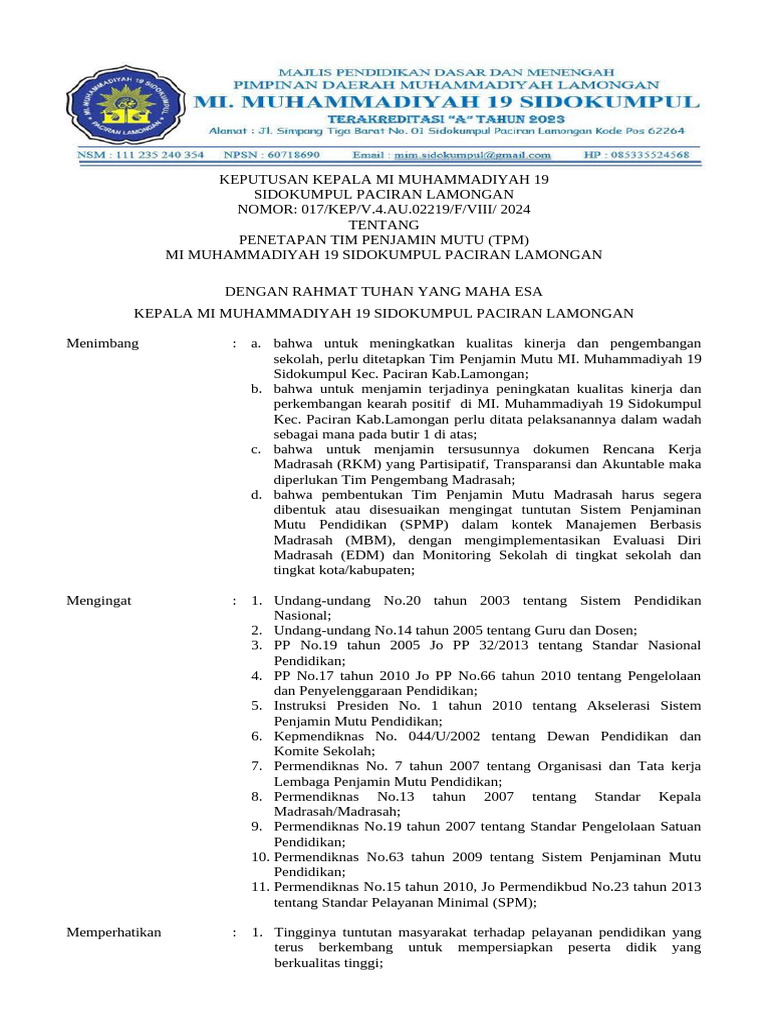 SK Tim Penjamin Mutu 2024 | PDF