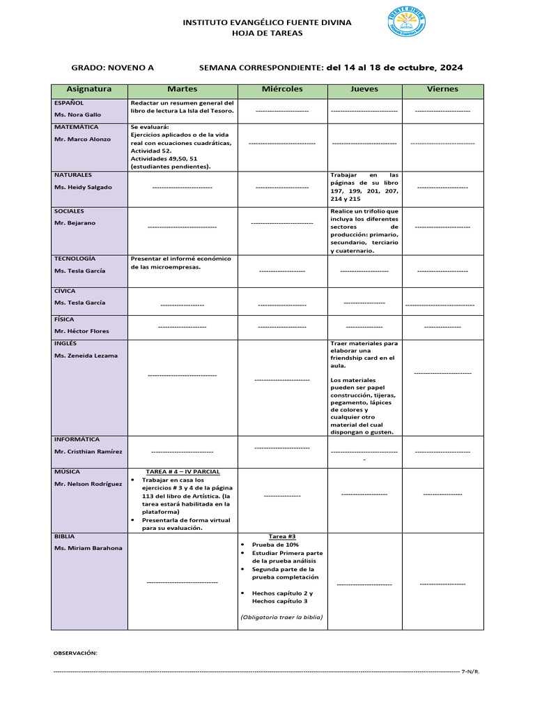 Hoja de Tareas (9-A) 11-10-24 | PDF