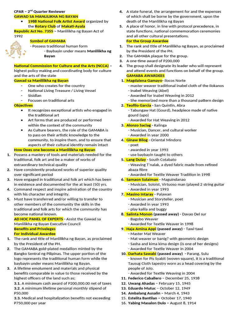 CPAR 2nd Quarter Reviewer Guide | PDF | Paintings | Art