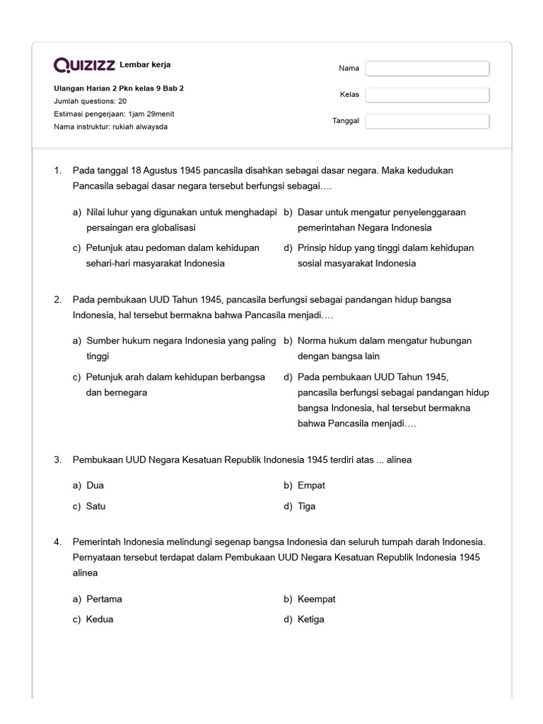 Ulangan Harian 2 PKN Kelas 9 Bab 2 | PDF