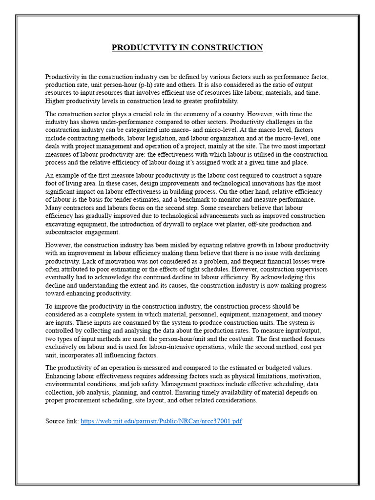 Productivity in Construction | PDF