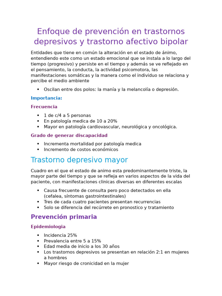 Enfoque de Prevención en Trastornos Depresivos y Trastorno Afectivo Bipolar | PDF | Trastorno ...