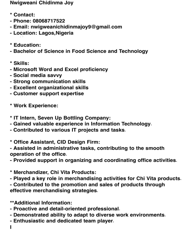 NWIGWEANI CHIDINMA JOY CV | PDF