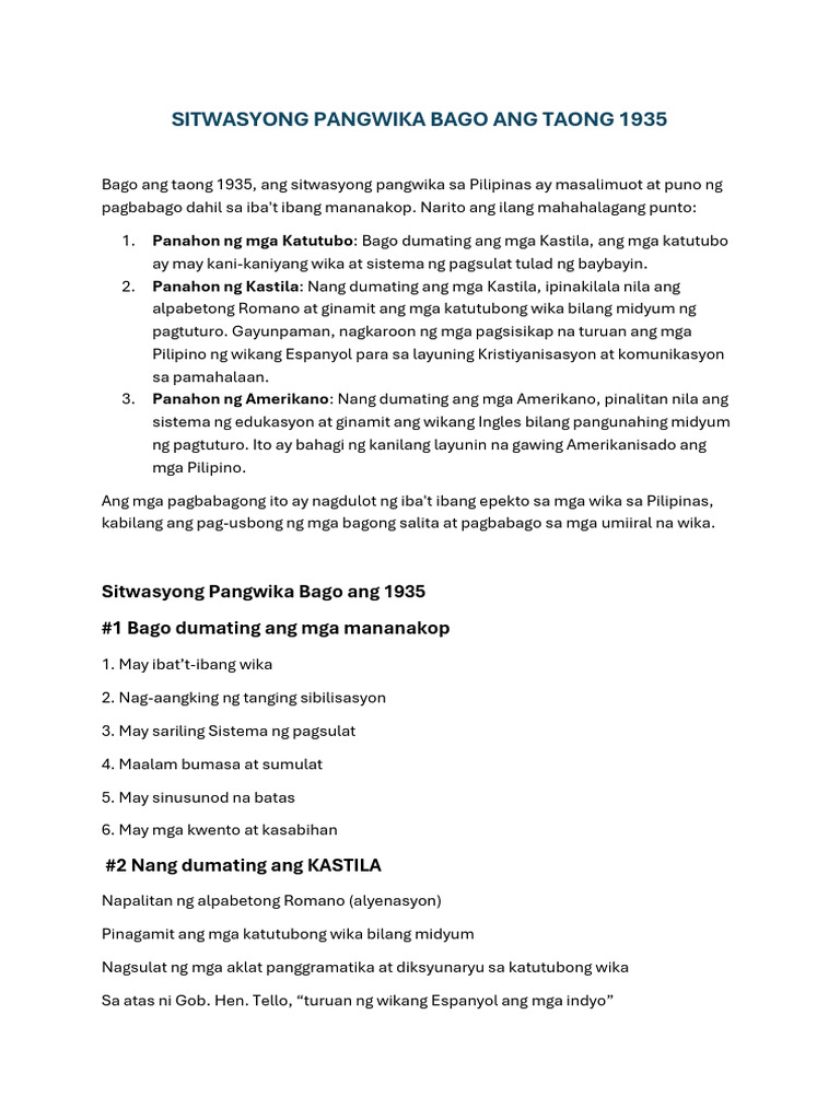 Sitwasyong Pangwika Bago Ang Taong 1935 1 | PDF