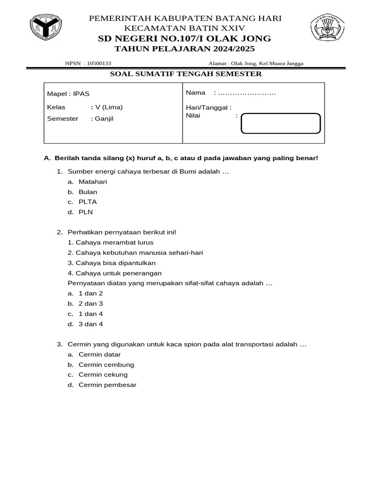 Soal STS 1 IPAS Kelas 5 | PDF