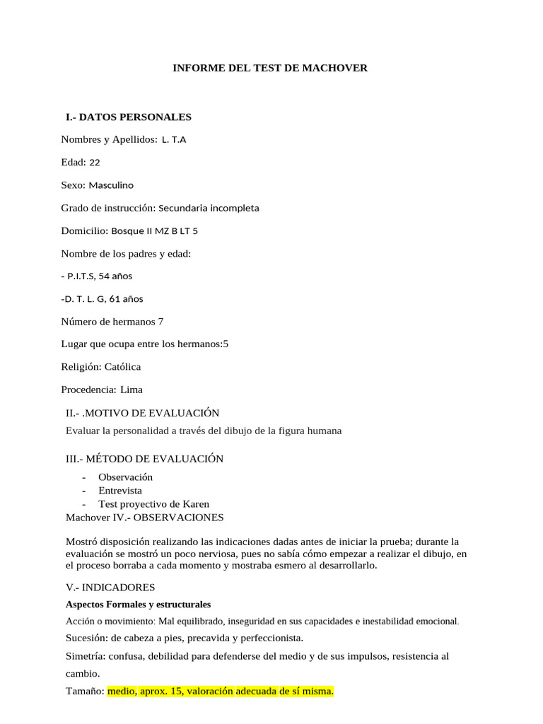 Informe Del Test de Machover | PDF | Autoestima | Ansiedad