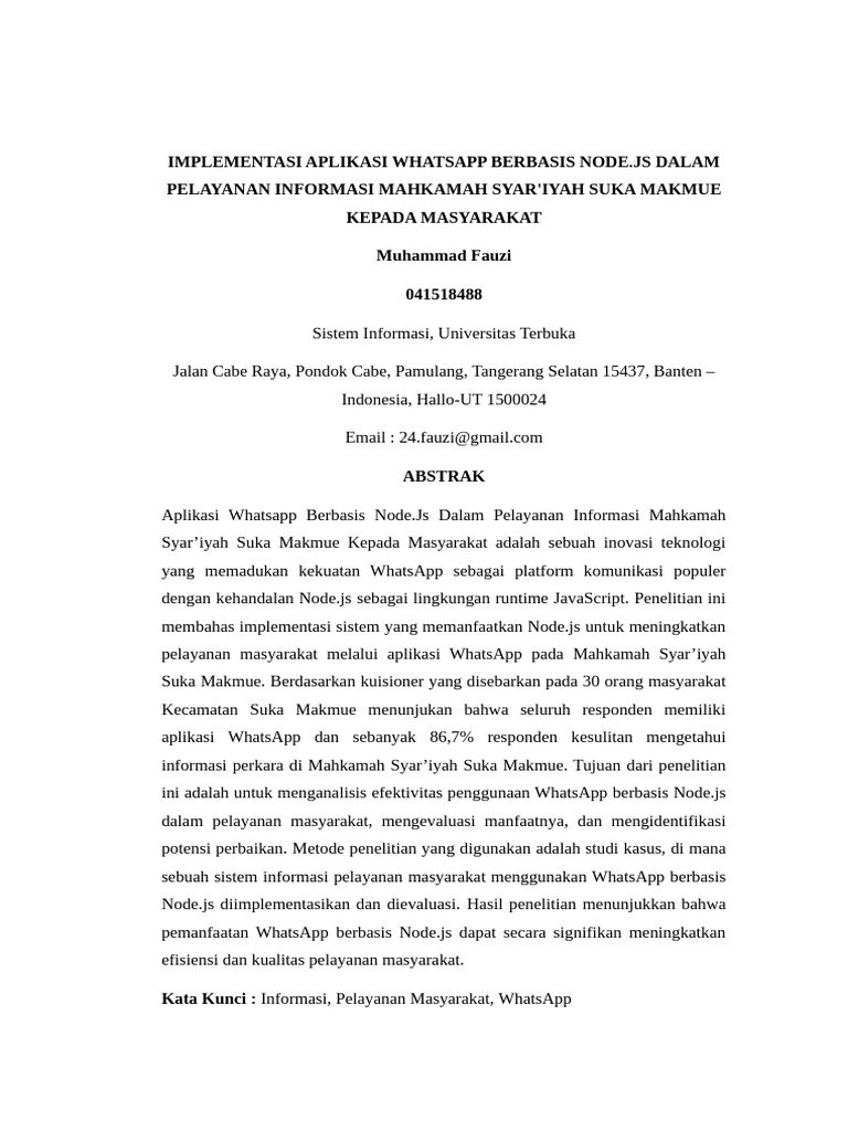 Implementasi Aplikasi WhatsApp Berbasis Node Js Dalam Pelayanan | PDF