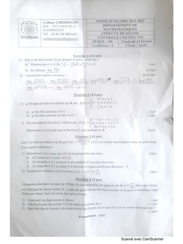 Devoir Maths 1erec Cameroun | PDF