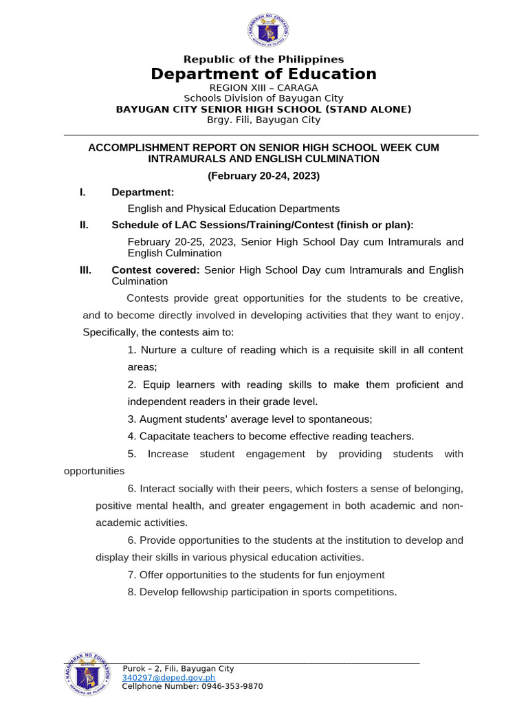 Accomplishment On SHS Week 2023 | PDF