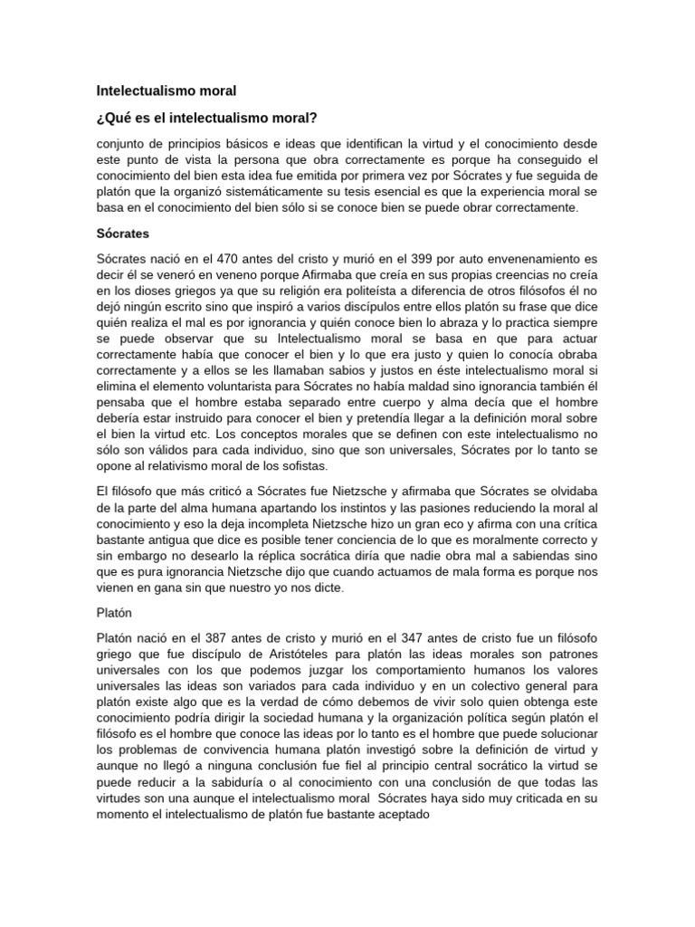 Intelectualismo Moral: Sócrates y Platón | PDF | Platón | Sócrates