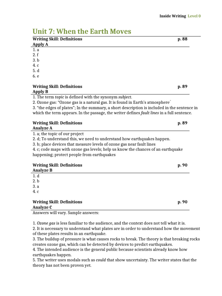 Unit 7: When The Earth Moves: Writing Skill: Definitions Apply A P. 88 ...
