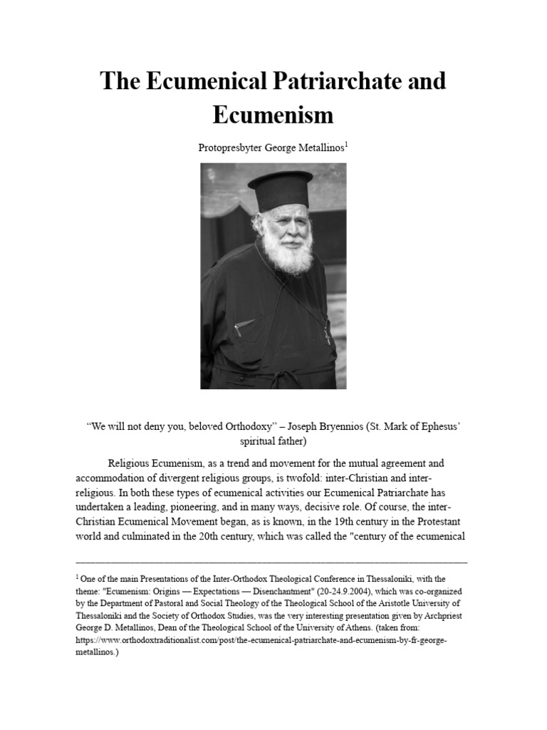 The Ecumenical Patriarchate and Ecumenism - Fr. George Metallinos | PDF