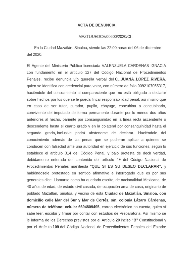 ACTA DE DENUNCIA O QUERELLA, DE LA VICTIMA U OFENDIDO - Juana, Denuncia ...