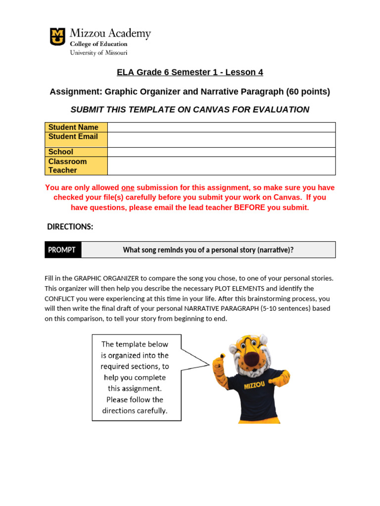ELA 7A Lesson 4 Assignment GraphicOrg NarrativeParagraph TEMPLATE-4 | PDF