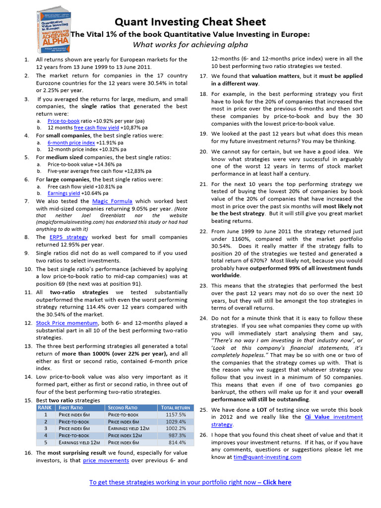 Quantitative Investing Cheat Sheet | PDF