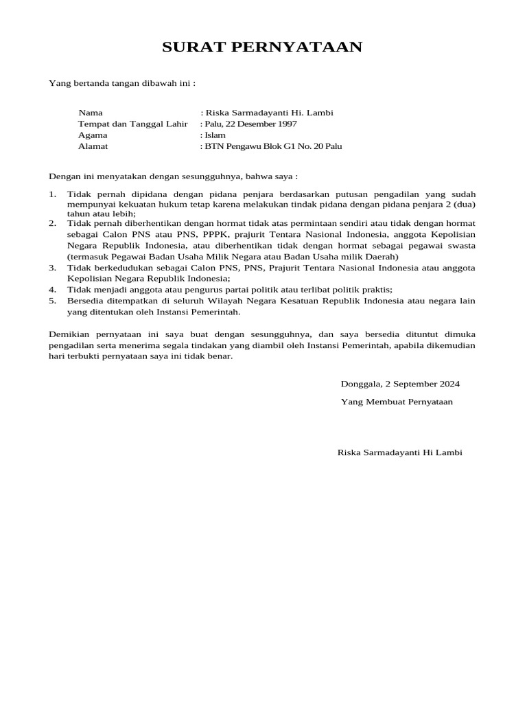 Surat Pernyataan Riska | PDF