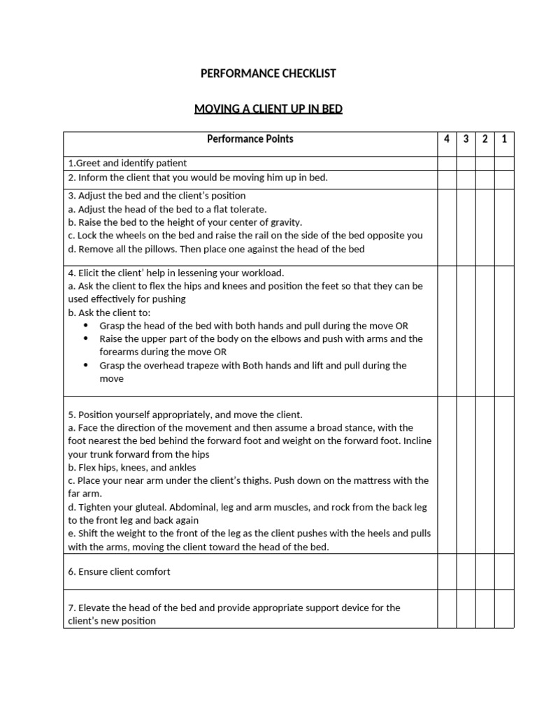 PERFORMANCE CHECKLIST Transferring - Mobility | PDF