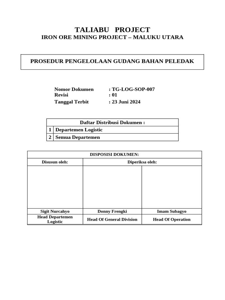 TG-LOG-SOP-007 (Pengelolaan Gudang Bahan Peledak) | PDF