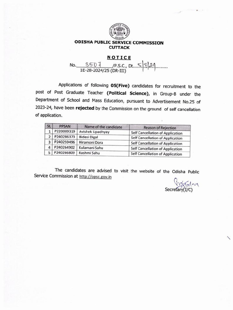 Rejection List OPSC Post Graduate Teacher Posts | PDF