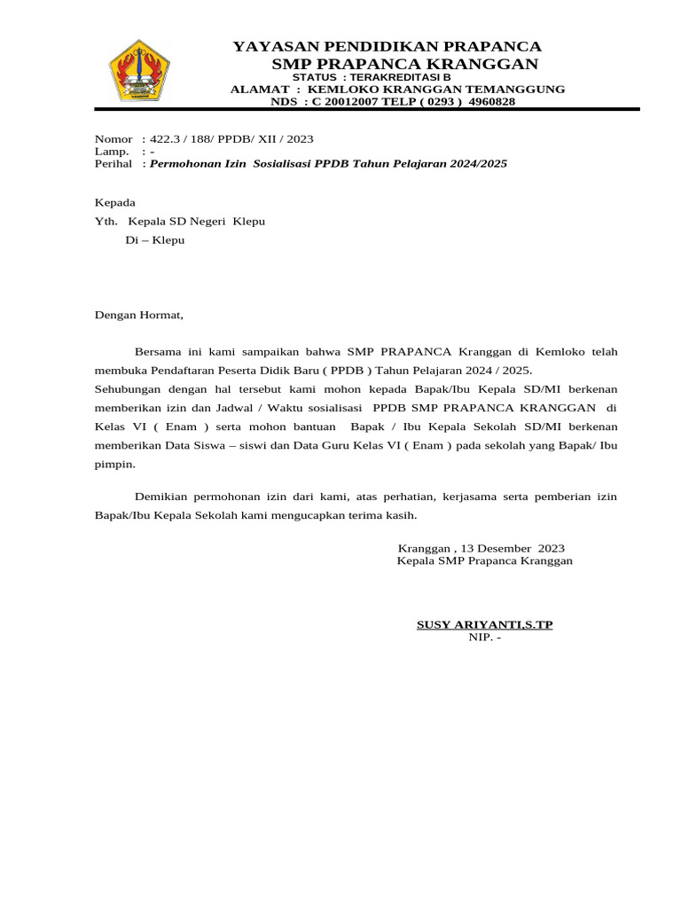 Surat Permintaan Data Siswa Dan Guru Kelas 6 Ppdb 2425 Pdf