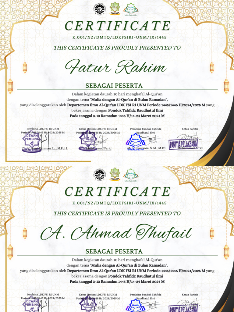 Sertifikat Dauroh 10 Hari LDK | PDF