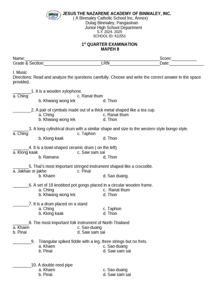 Q1 Exam - Mapeh 8 | PDF