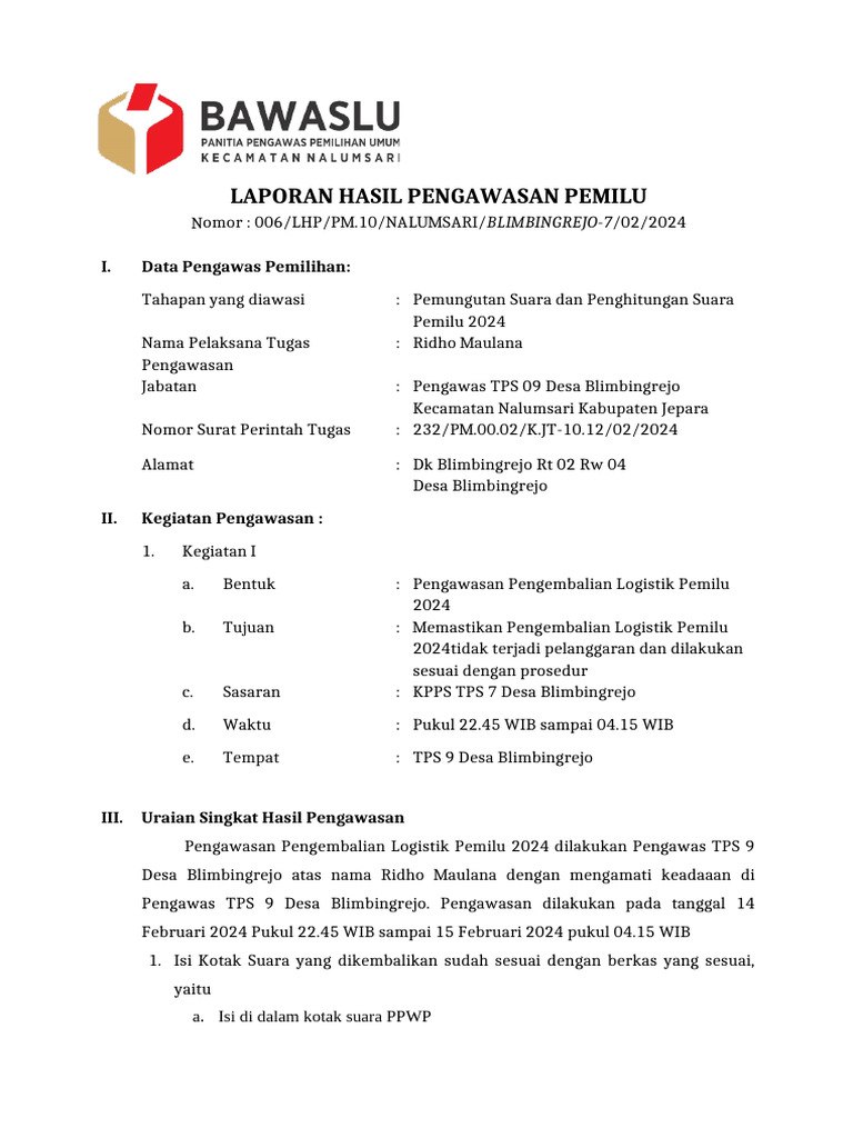 Form A Pengembalian Logistik Pemilu TPS 9 | PDF