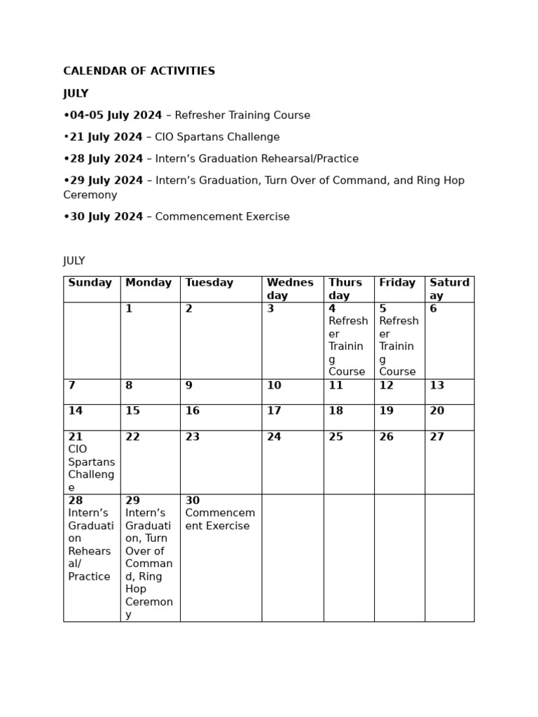 July Caldendar of Activitiess | PDF
