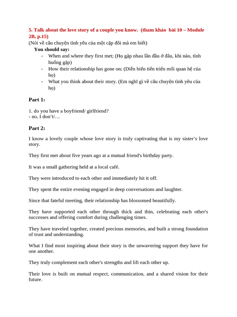 You should say:: 5. Talk about the love story of a couple you know. (tham khảo bài 10 - Module ...