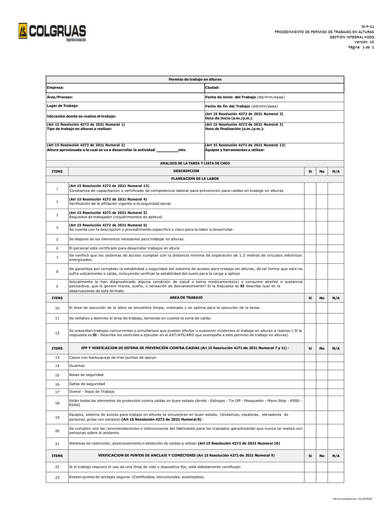 Gi-F-11 Permiso de Trabajo Seguro Actualizado Colgruas | PDF