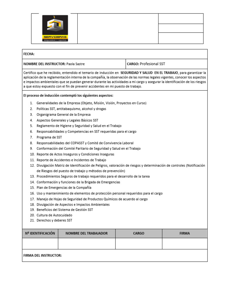 FT-SST-046 Formato de Induccion | PDF