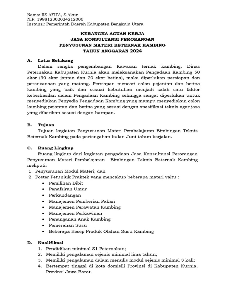 Iis Afita - Lampiran 3 - KAK Jasa Konsultansi Perorangan Penyusunan Materi Bimbingan Teknis | PDF