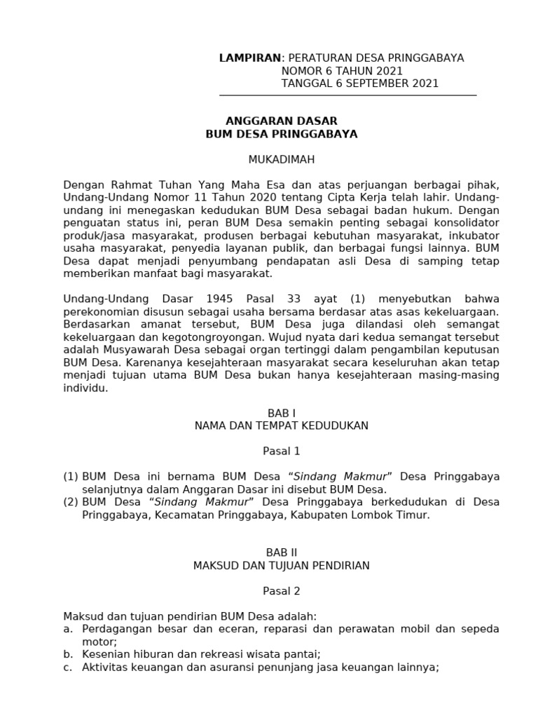 Lampiran Perdes - AD Pendirian BUM Desa (Terbaru) | PDF