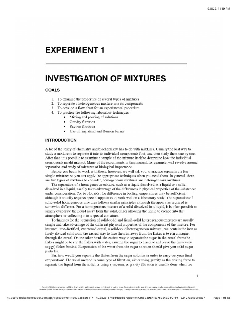 CHM 1020 Experiment 1 Investigations of Mixtures | PDF