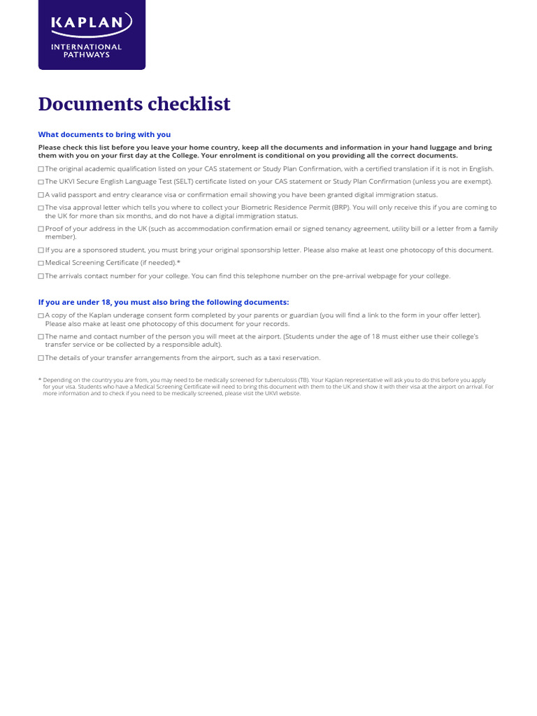 Pre Arrival Documents Checklist | PDF
