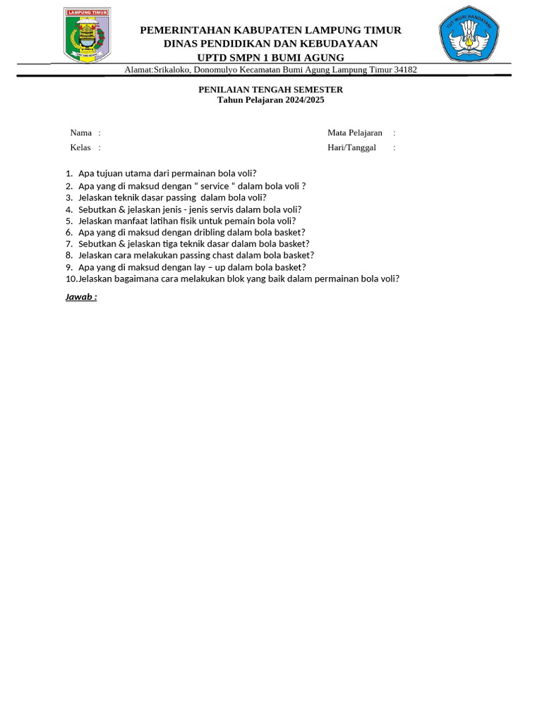 Soal Esay Pts SMP SM 1 | PDF