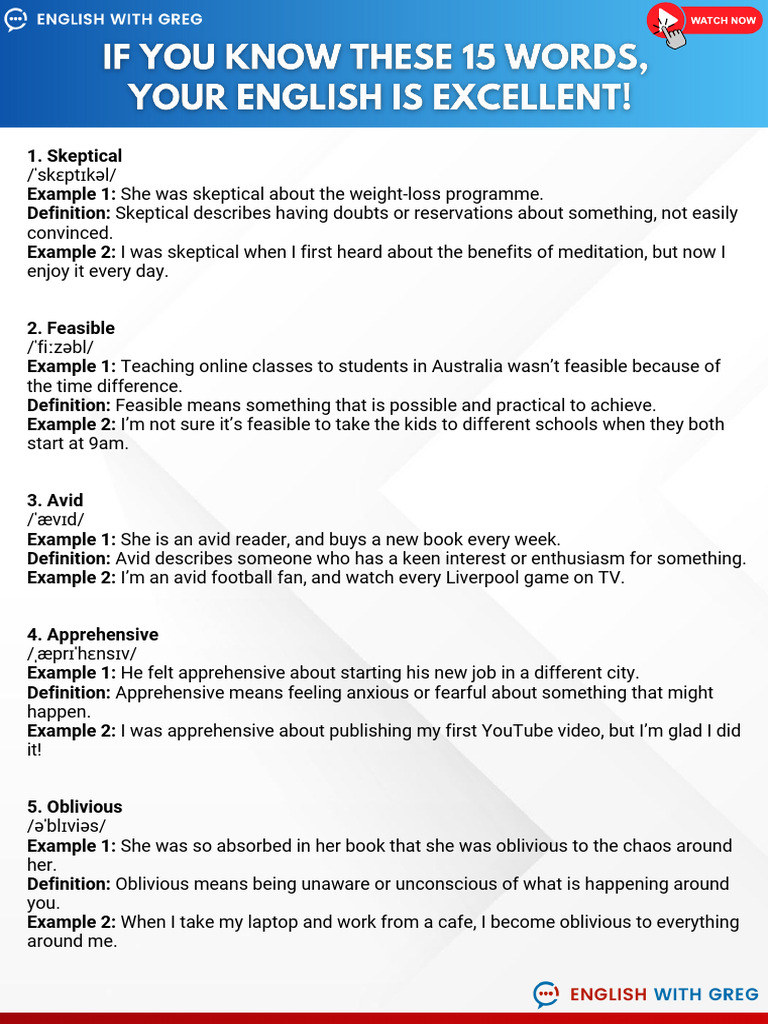 29) If You Know These 15 Words, Your English Is Excellent! | PDF