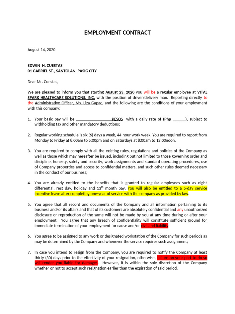 Driver Employment Contract Aug2020 | PDF