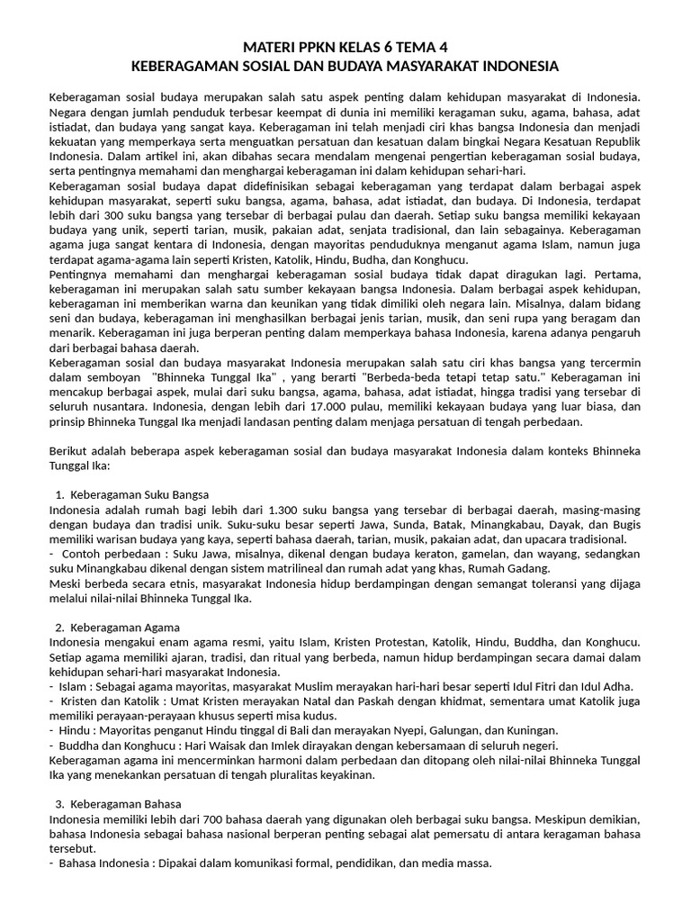 Materi PPKN Kelas 6 Tema 4-Keanekaragaman Sosbud | PDF