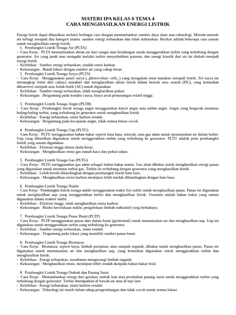 Materi Ipa Kelas 6 Tema 4 - Cara Menghasilkan Listrik | PDF